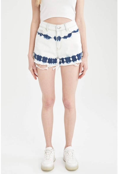 Defacto Batik Yüksek Bel Yırtık Detaylı Jean Mini Şort U2961AZ21SM