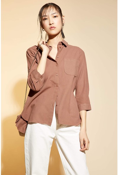 DeFacto Regular Fit Gömlek Yaka Uzun Kollu Poplin Tunik Gömlek W7739AZ22SM