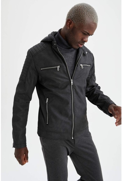 DeFacto Slim Fit Kapüşonlu Suni Deri Mont R2523Az21Wn