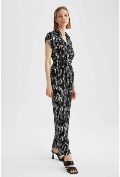 Defacto Desenli Gömlek Yaka Kısa Kol Kuşaklı Midi Tulum U4403AZ21SM