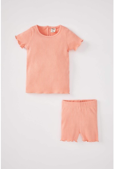DeFacto Kız Bebek Regular Fit Bisiklet Yaka Kaşkorse Kısa Kollu Tişört Şort Takım W9055A222SM