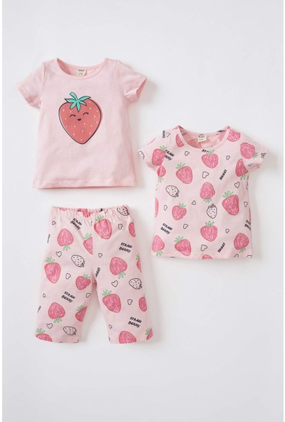 DeFacto Kız Bebek Çilek Baskılı Kısa Kollu 3'lü Pamuklu Pijama Takım X0463A222SP