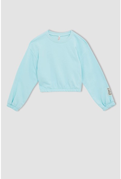 DeFacto Kız Çocuk Crop Bisiklet Yaka Baskılı Kalın Sweatshirt Kumaşı Sweatshirt W6691A622SP