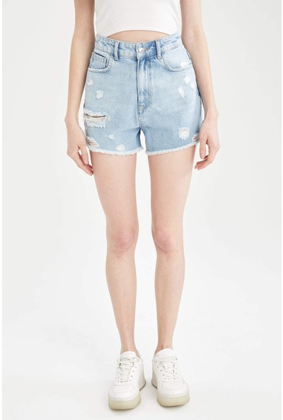 Defacto Yüksek Bel Yırtık Detaylı Jean Mini Şort U6497AZ21SM