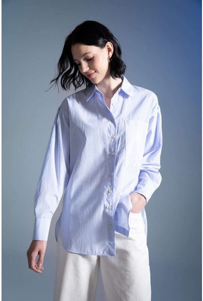 DeFacto Relax Fit Çizgili Pamuklu Poplin Gömlek Tunik W5672AZ22SP