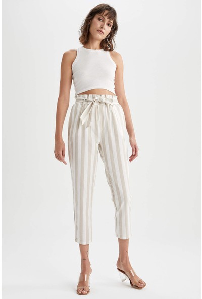 Defacto Çizgili Paper Bag Yüksek Bel Kuşaklı Keten Pantolon U7695AZ21SM Defacto Çizgili Paper Bag Yüksek Bel Kuşaklı Keten Pantolon U7695AZ21SM