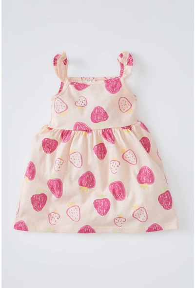 DeFacto Kız Bebek Regular Fit Çilek Desenli Bisiklet Yaka Askılı Pamuklu Penye Elbise X4228A222SM
