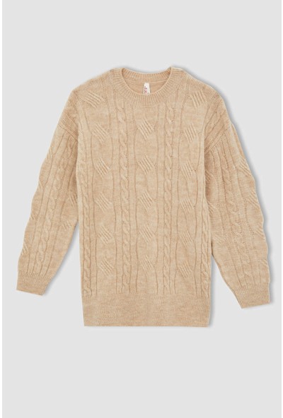 DeFacto Kız Çocuk Regular Fit Bisiklet Yaka Örgü Desenli Triko Kazak W7609A621WN