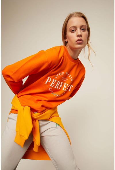 DeFacto Regular Fit Kabartmalı Slogan Baskılı Bisiklet Yaka Sweatshirt X1839AZ22SM