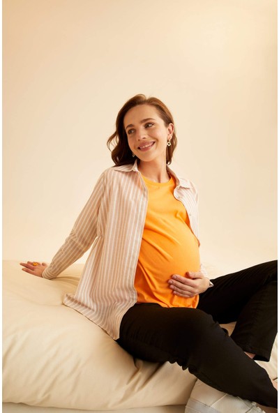 DeFacto Regular Fit Çizgili Pamuklu Hamile Gömlek X2173AZ22SP