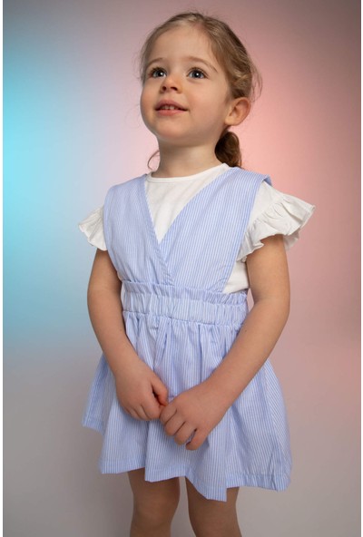 DeFacto Kız Bebek Çizgi Desenli Keten Görünümlü Elbise Ve Tişört Takım X0673A222SP