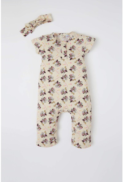 DeFacto Kız Bebek Minnie Mouse Lisanslı Kısa Kollu Pamuklu Çıtçıtlı Tulum Saç Bandı Takımı X2724A222SP