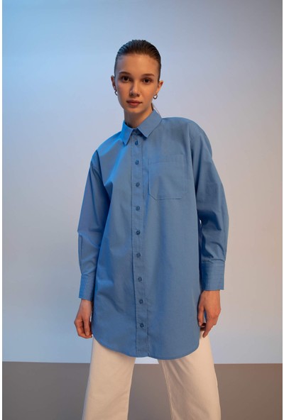 DeFacto Relax Fit Tek Cepli Yırtmaçlı Poplin Gömlek Tunik X3009AZ22SP