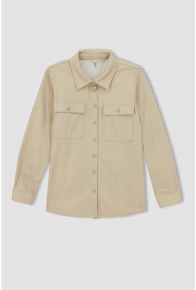 DeFacto Kız Çocuk Regular Fit Cepli Uzun Kollu Suni Deri Gömlek X4187A622SP