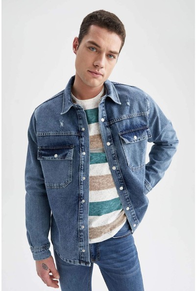 DeFacto Relax Fit Çıtçıtlı Uzun Kollu Jean Gömlek W9930AZ22SP