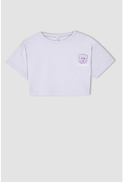 DeFacto Kız Çocuk Crop Ayıcık Baskılı Pamuklu Kısa Kollu Tişört X2056A622SM