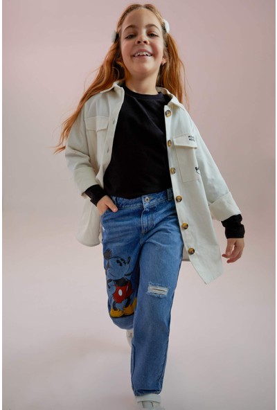 DeFacto Kız Çocuk Mickey Mouse Lisanslı Mom Fit Pamuklu Jean Pantolon W7139A622SP