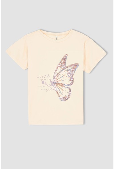 DeFacto Kız Çocuk Regular Fit Kelebek Sim Baskılı Kısa Kollu Tişört X2051A622SM