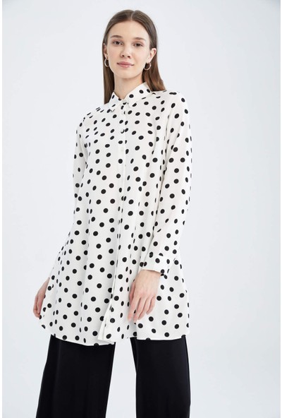 DeFacto Regular Fit Puantiye Desenli Uzun Kollu Gömlek Tunik X3321AZ22SM