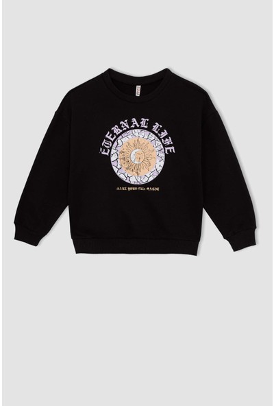 DeFacto Kız Çocuk Bisiklet Yaka Baskılı Sweatshirt W7104A622SP