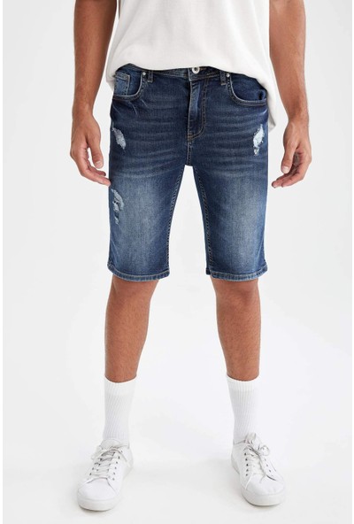 DeFacto Skinny Fit Yırtık Detaylı Jean Bermuda Şort U3223Az21Hs