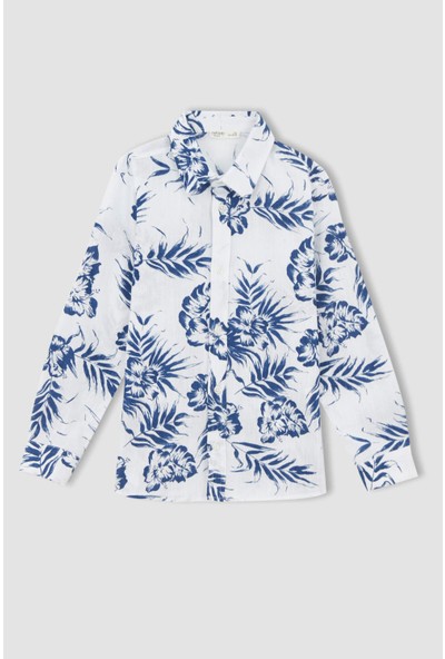 DeFacto Erkek Çocuk Floral Desenli Uzun Kollu Keten Görünümlü Gömlek W3223A622SP