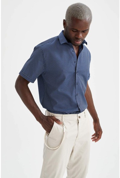 DeFacto Modern Fit Marin Desenli Kısa Kollu Gömlek V2456AZ21SM