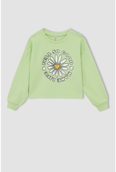 DeFacto Kız Çocuk Crop Kalp Baskılı Bisiklet Yaka Sweatshirt W7102A622SP