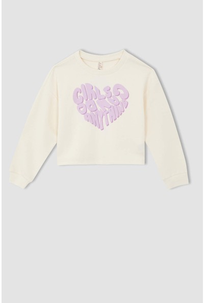 DeFacto Kız Çocuk Crop Kalp Baskılı Bisiklet Yaka Sweatshirt W7102A622SP