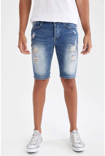 Defacto Skinny Fit Yırtık Detaylı Jean Bermuda Şort U3224AZ21HS