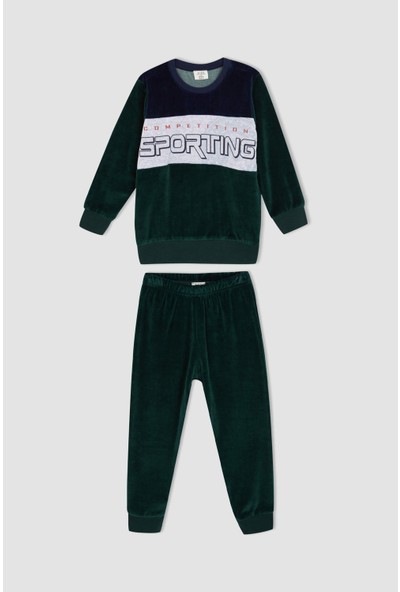 DeFacto Erkek Çocuk Bisiklet Yaka Slogan Baskılı Uzun Kollu Kadife Pijama Takım W9237A621CW