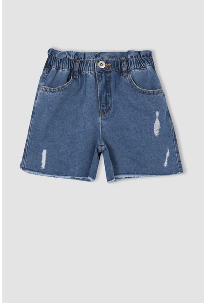 Defacto Kız Çocuk Mom Fit Yırtık Detaylı jean Şort V1936A621HS