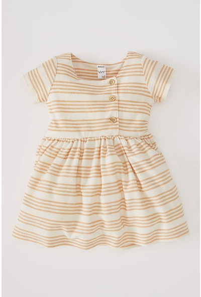 DeFacto Kız Bebek Çizgili Keten Görünümlü Kısa Kollu Elbise U9161A221SM