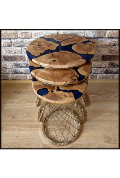 Parlament Mavisi Epoksi Zeytin Tabla Iç Içe Geçmeli 3lü Zigon Sehpa