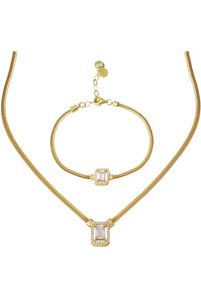 Bilezikci Balıksırtı Baget Taşlı 2'li Altın Set