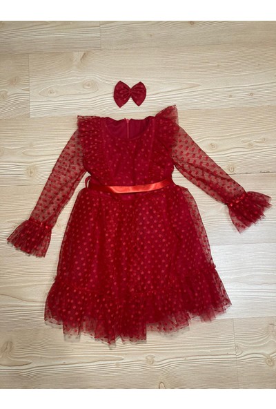 Kırmızı Kurdela Kemerli Tüllü Elbise