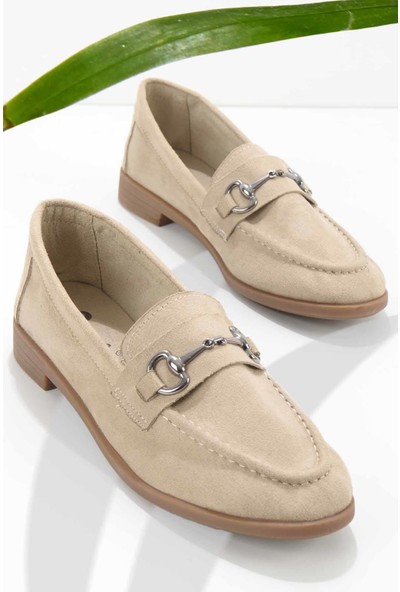 Bambi Bej Süet Kadın Loafer Ayakkabı K019560830