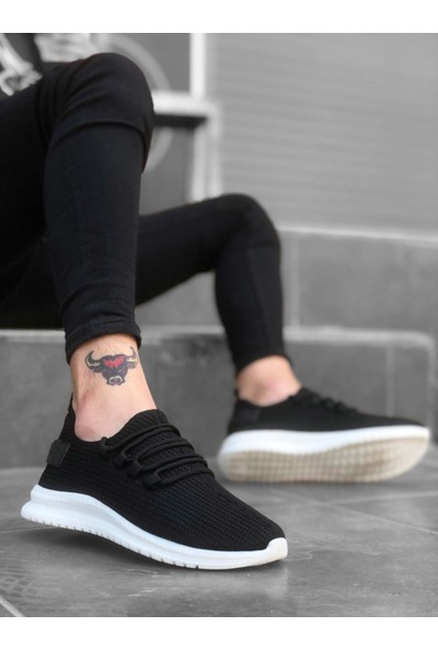 BA0167 Kalın Taban Tarz Sneakers Siyah Beyaz Taban Erkek Spor Ayakkabısı