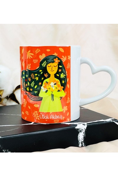 Kişiye Özel Kalp Kulplu Ilkbahar Kızı Tasarımlı Kupa Bardak Kişiye Özel Kalp Kulplu Ilkbahar Kızı Tasarımlı Kupa Bardak