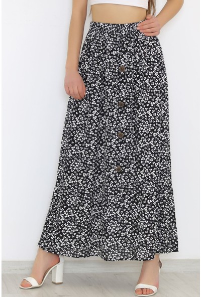 İsunstore Düğmeli Etek Siyahçiçekli - 9201.701.