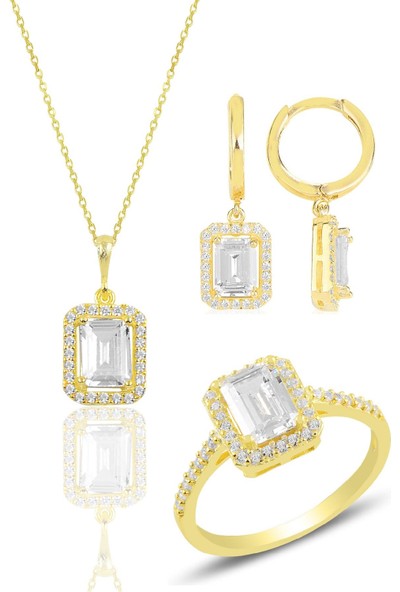 Söğütlü Silver Gümüş Altın Yaldızlı Baget Taşlı Üçlü Set