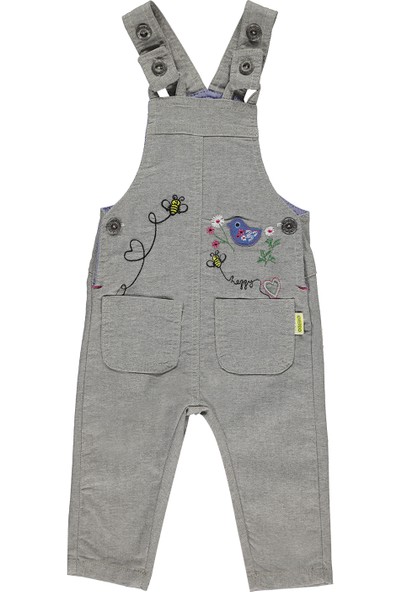 Overdo Nakışlı Cepli Gri Kot Kız Bebek Salopet / Tulum