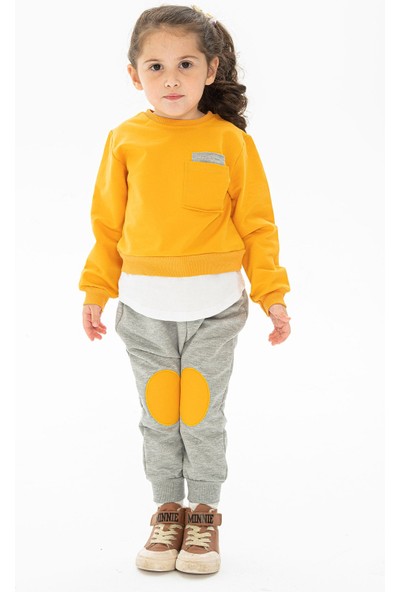 Zepkids Kız Çocuk Diz Aplikeli Ön Cep Detaylı Eşofman Takım 2-5 Yaş