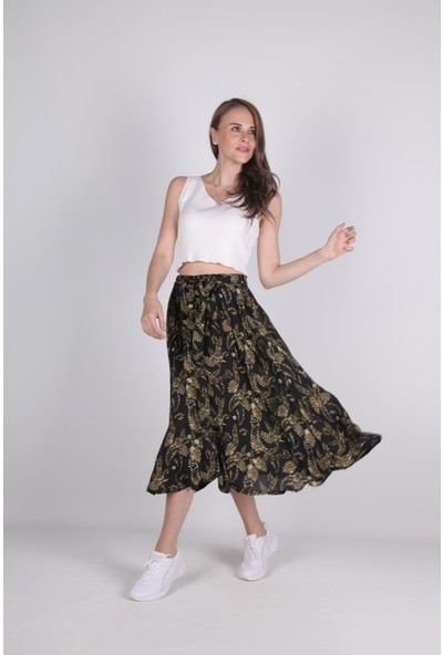 Siyah Üzeri Hardal Yaprak Desenli Diz Altı Etek
