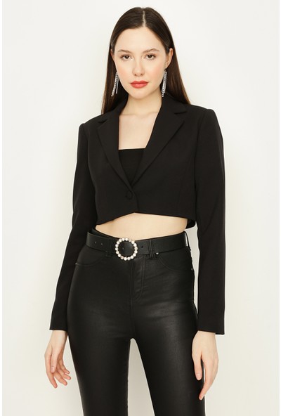 Select Moda Kadın Mavi Tek Düğme Kapamalı Crop Blazer Ceket Select Moda Kadın Mavi Tek Düğme Kapamalı Crop Blazer Ceket