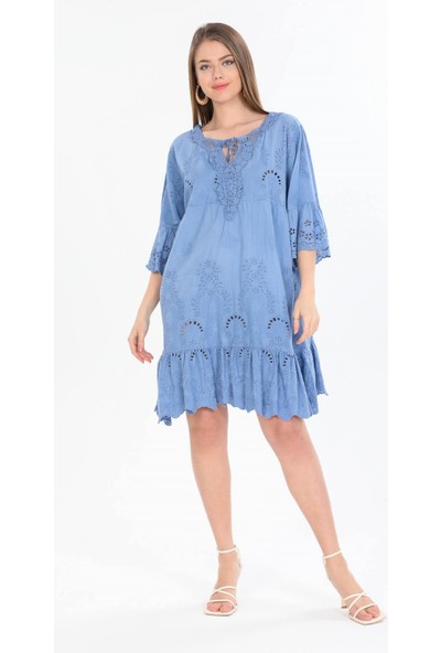 Luisido Mavi İtalyan Dantel Detaylı Midi Boy Oversize Elbise Luisido Mavi İtalyan Dantel Detaylı Midi Boy Oversize Elbise