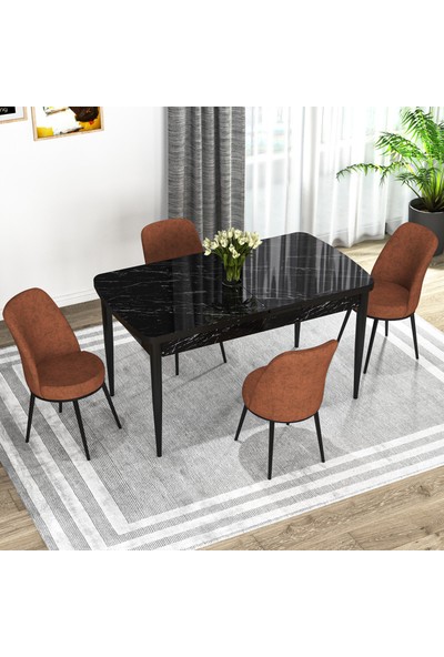 Rovena Bade Serisi 70 x 114 cm Siyah Mermer Desenli Açılabilir Mutfak Masası Takımı + 4 Kiremit Sandalye