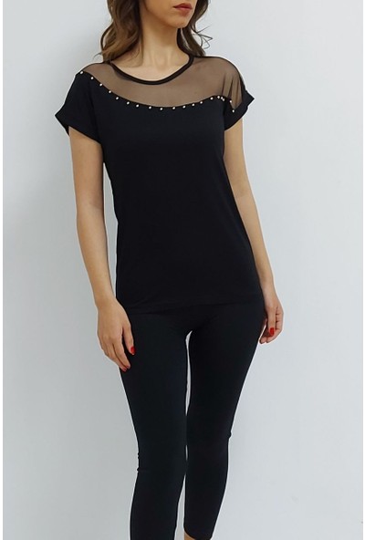 Bkmc Omuzu Tüllü Incili Bluz Siyah