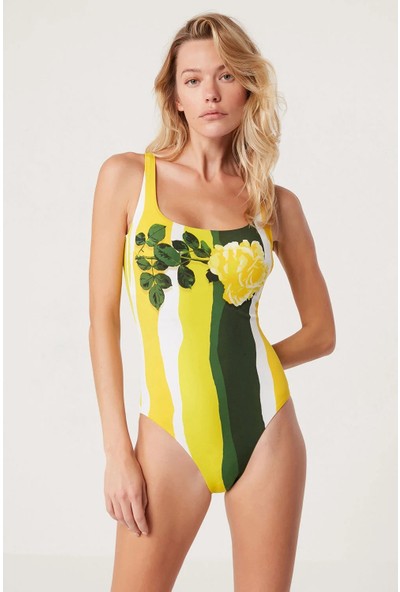 Kom Liarose Gül Desen Çıkarılabilir Kaplı Yuvarlak Yaka Mayo