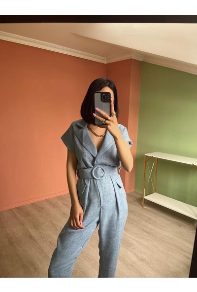 Seda Yalçın Atelier Keten Mavi Kemerli Tulum